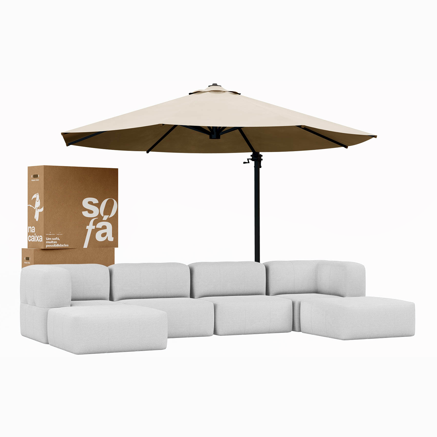 Lounge 6 Puffs Puzz modular cinza com Canto e Apoio de pé + Ombrelone